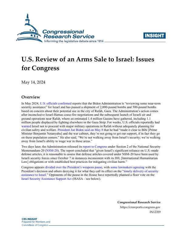 U.S. Review of an Arms Sale to Israel: Issues for Congress ...