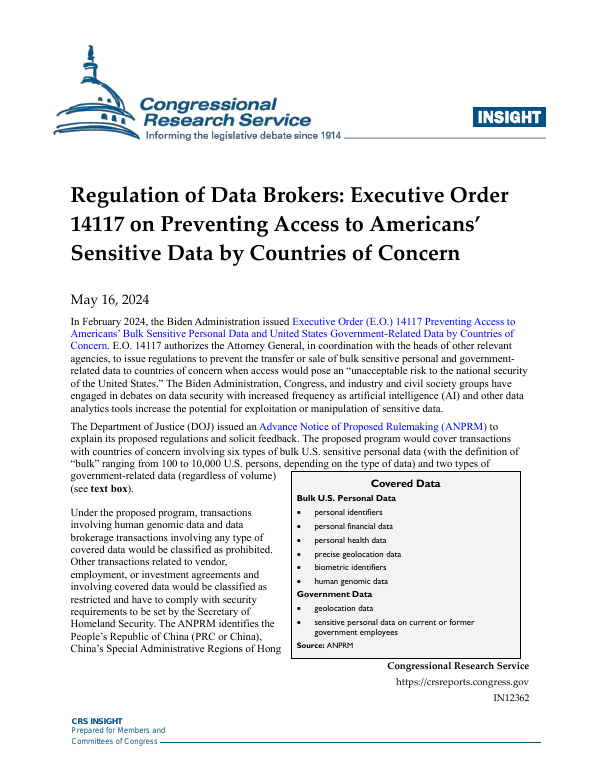 Regulation of Data Brokers: Executive Order 14117 on Preventing Access ...