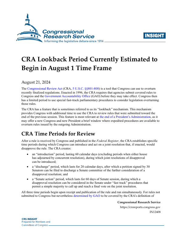 CRA Lookback Period Currently Estimated to Begin in August 1 Time Frame ...