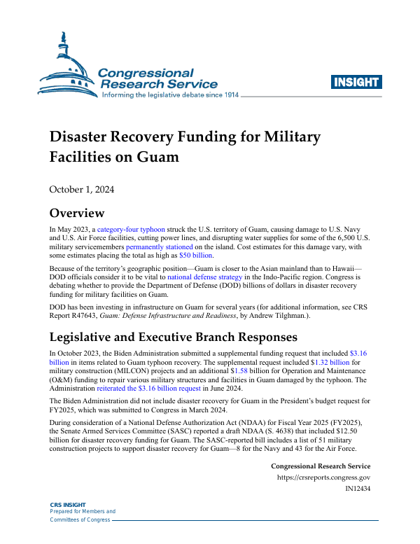 Disaster Recovery Funding for Military Facilities on Guam ...