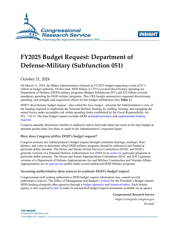 FY2025 Budget Request: Department of Defense-Military (Subfunction 051 ...