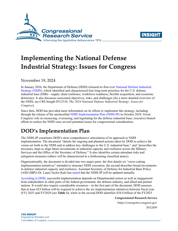 Implementing the National Defense Industrial Strategy: Issues for ...