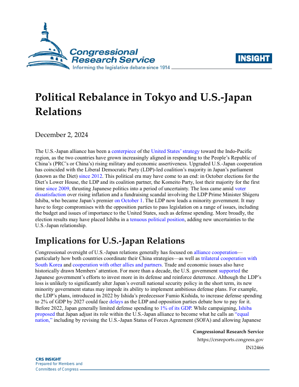 Political Rebalance in Tokyo and U.S.-Japan Relations - EveryCRSReport.com