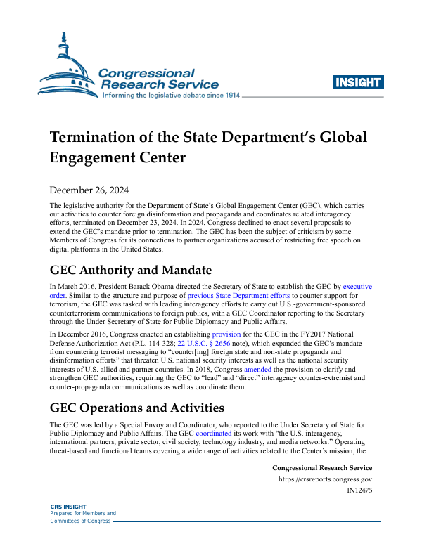Termination of the State Department’s Global Engagement Center ...