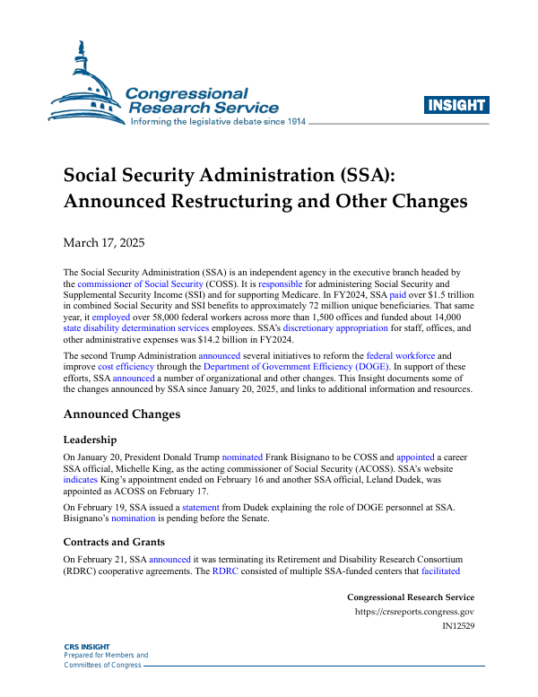 Social Security Administration (SSA): Announced Restructuring and Other ...