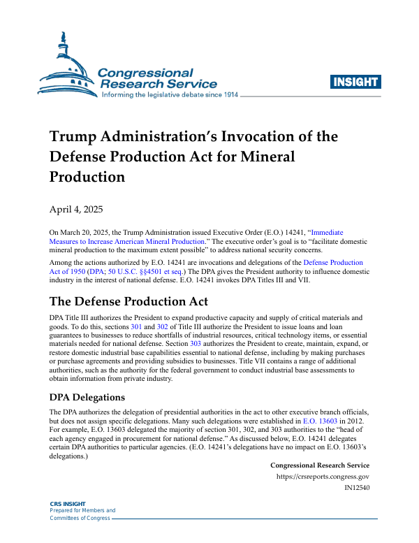 Trump Administration’s Invocation of the Defense Production Act for ...