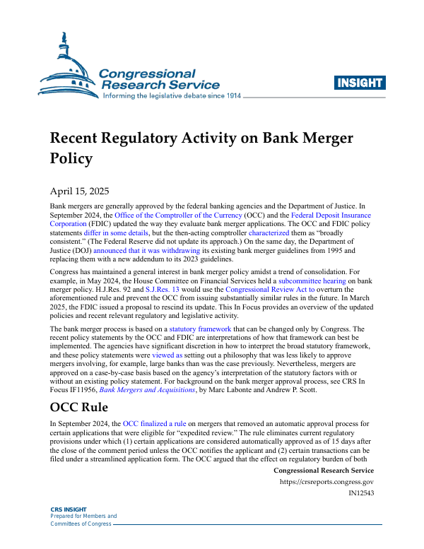 Recent Regulatory Activity on Bank Merger Policy - EveryCRSReport.com