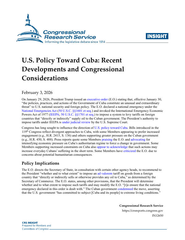 U.S. Policy Toward Cuba: Recent Developments and Congressional ...