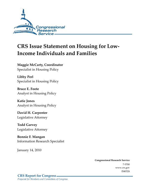 CRS Issue Statement on Housing for LowIncome Individuals and Families ...
