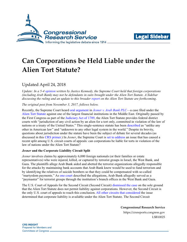 Can Corporations be Held Liable under the Alien Tort Statute? - EveryCRSReport.com