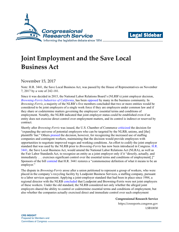 Joint Employment and the Save Local Business Act - EveryCRSReport.com