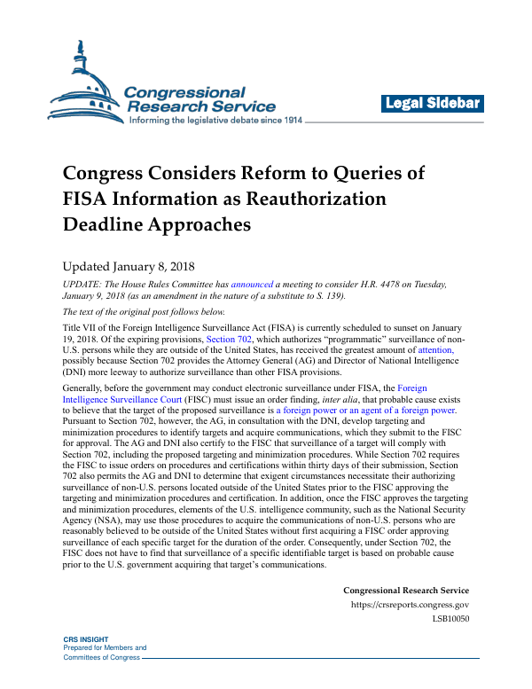Congress Considers Reform to Queries of FISA Information as ...