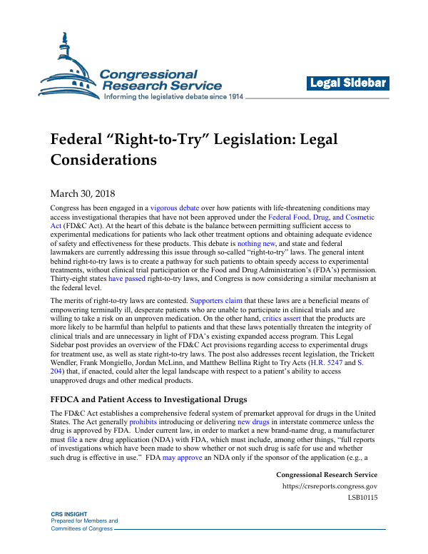 Federal “Right-to-Try” Legislation: Legal Considerations ...