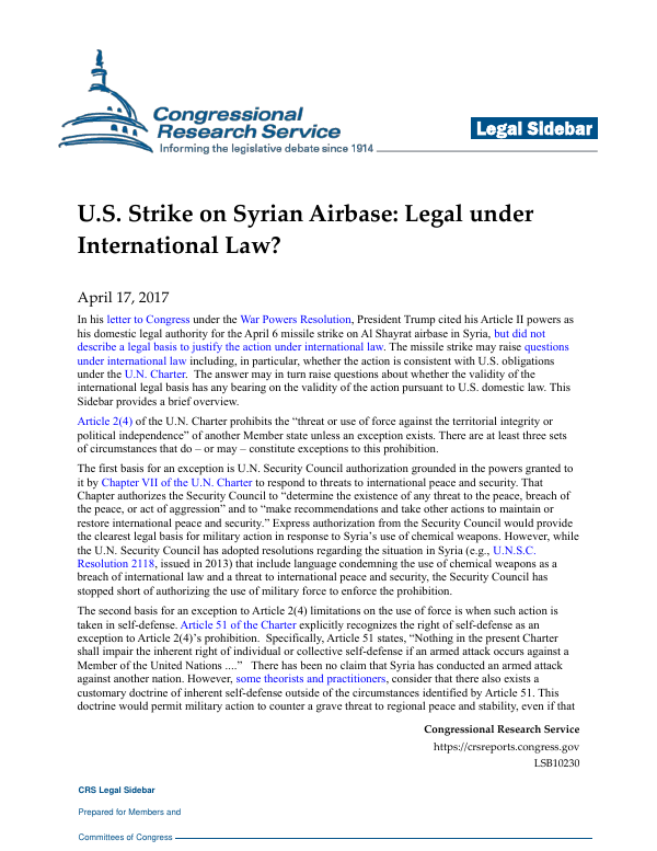 U.S. Strike on Syrian Airbase: Legal under International Law ...