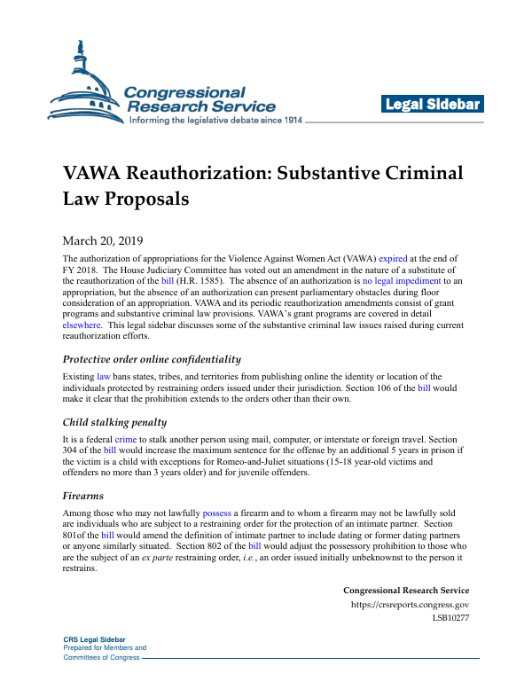 VAWA Reauthorization: Substantive Criminal Law Proposals ...