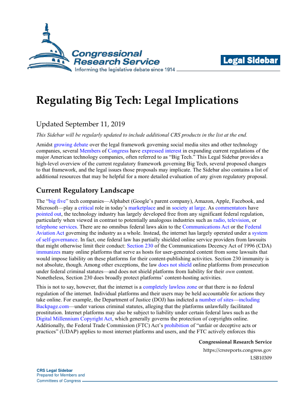 Regulating Big Tech: Legal Implications - EveryCRSReport.com