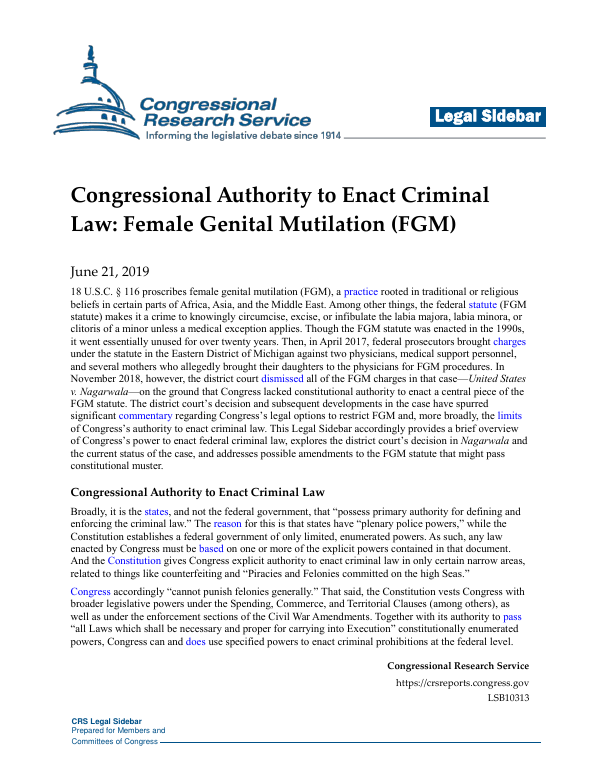 Congressional Authority to Enact Criminal Law: Female Genital ...