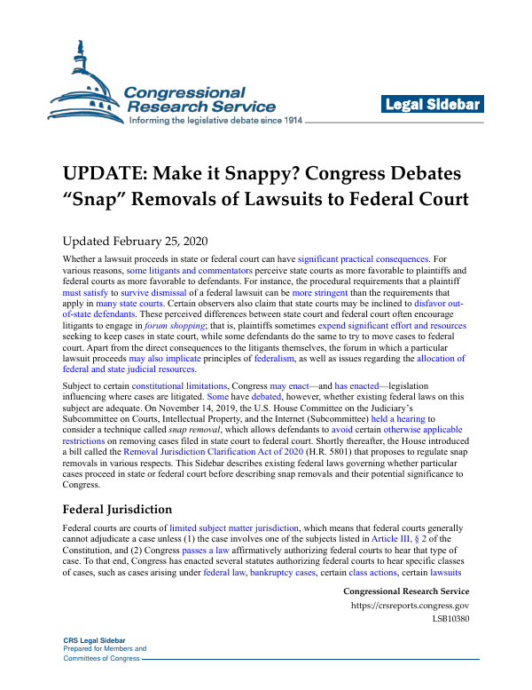 Make it Snappy? Congress Debates “Snap” Removals of Lawsuits to Federal ...