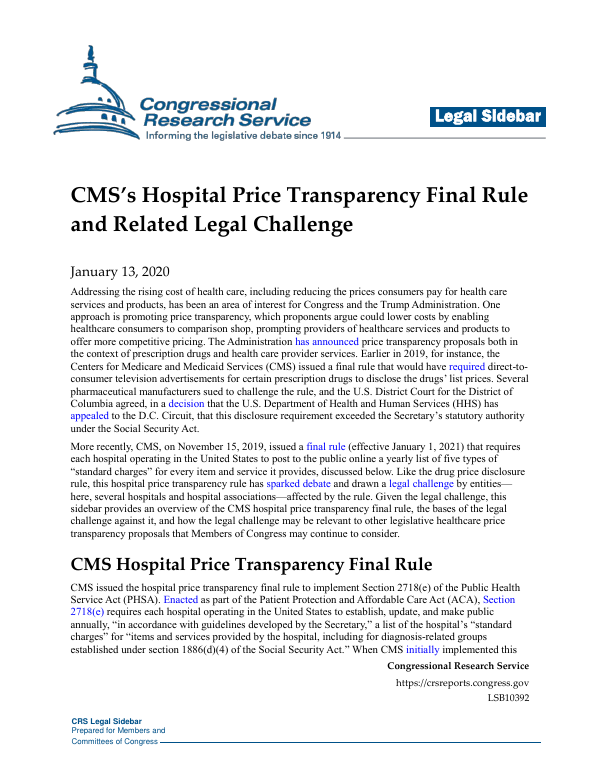 CMS’s Hospital Price Transparency Final Rule and Related Legal ...