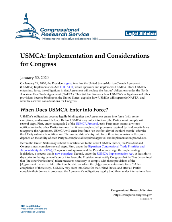 USMCA: Implementation and Considerations for Congress - EveryCRSReport.com