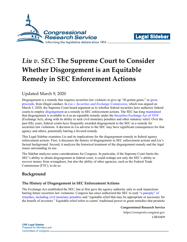 Liu v. SEC: The Supreme Court to Consider Whether Disgorgement is an ...