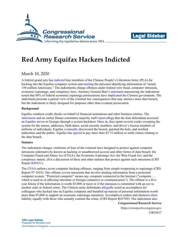 Red Army Equifax Hackers Indicted - EveryCRSReport.com