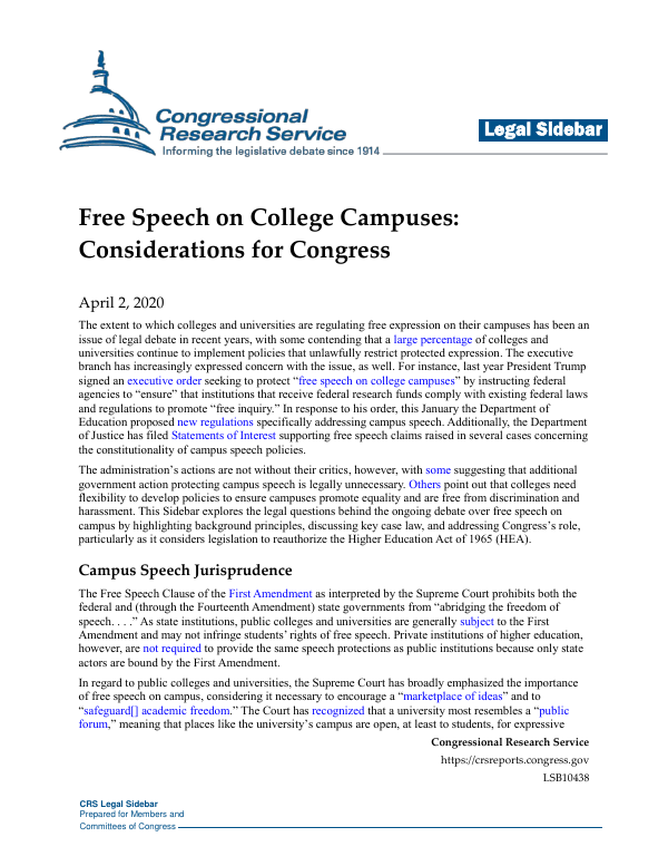 Free Speech on College Campuses: Considerations for Congress ...