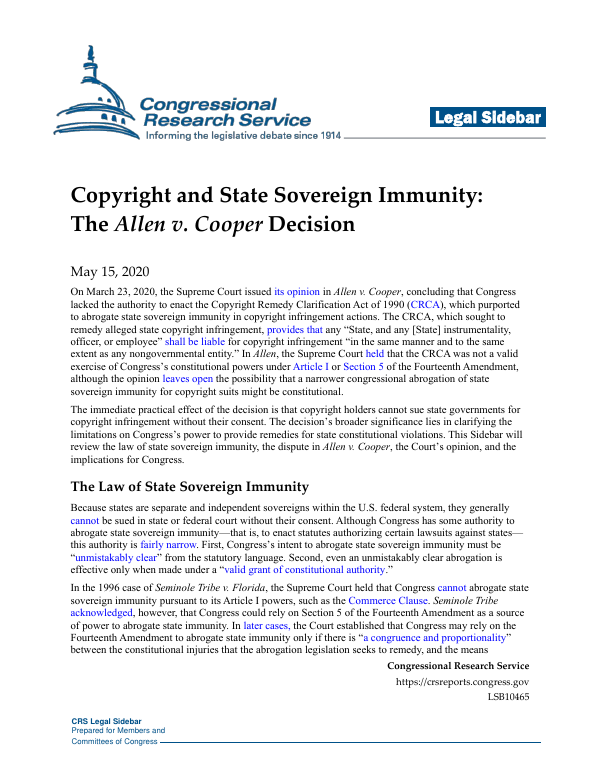 Copyright and State Sovereign Immunity: The Allen v. Cooper Decision ...