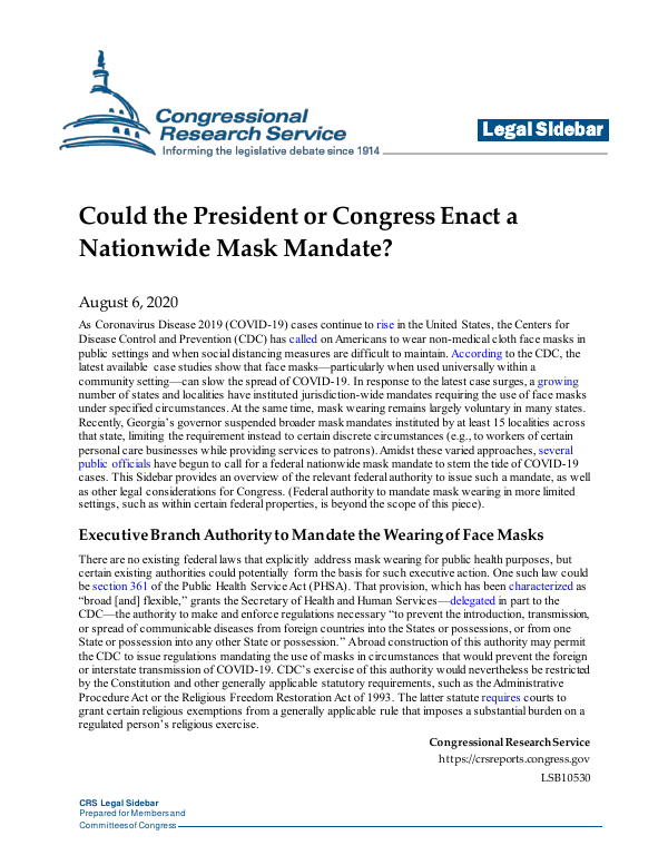 Could the President or Congress Enact a Nationwide Mask Mandate ...