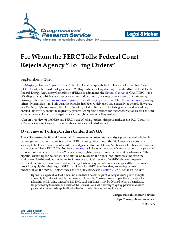 For Whom the FERC Tolls: Federal Court Rejects Agency “Tolling Orders ...