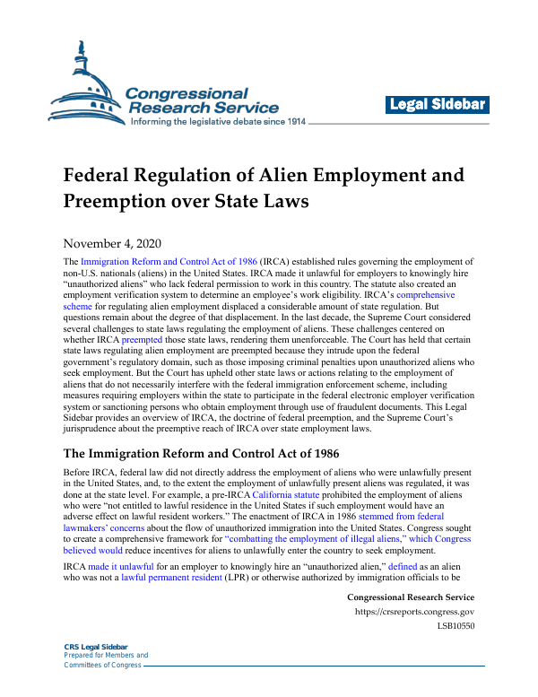 Federal Regulation of Alien Employment and Preemption over State Laws ...
