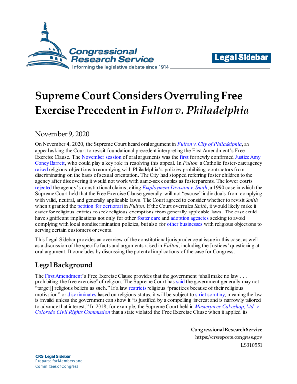 Supreme Court Considers Overruling Free Exercise Precedent in Fulton v ...