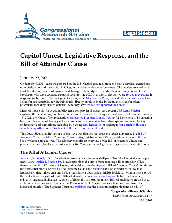 Capitol Unrest, Legislative Response, and the Bill of Attainder Clause ...