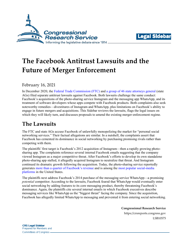 The Facebook Antitrust Lawsuits and the Future of Merger Enforcement ...