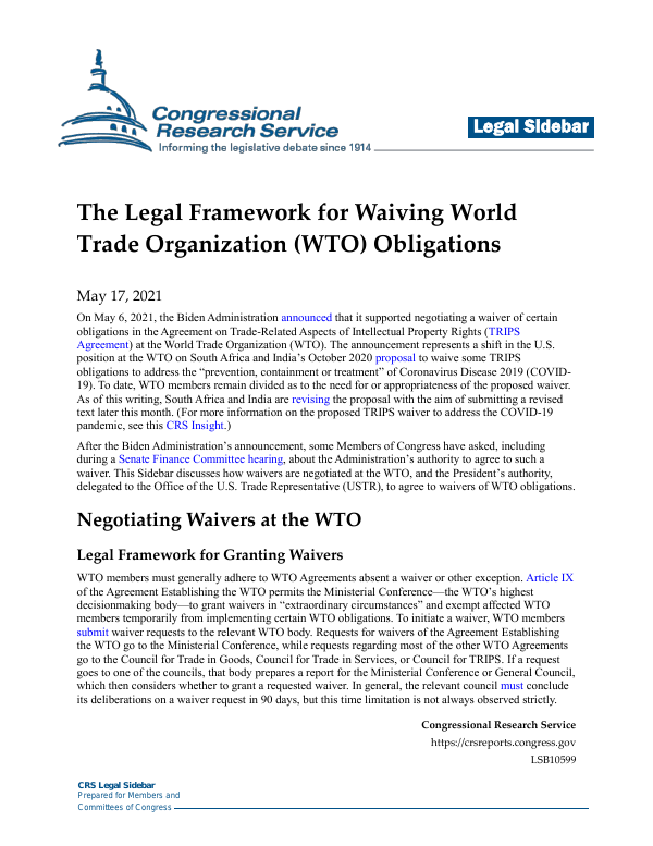 The Legal Framework for Waiving World Trade Organization (WTO ...