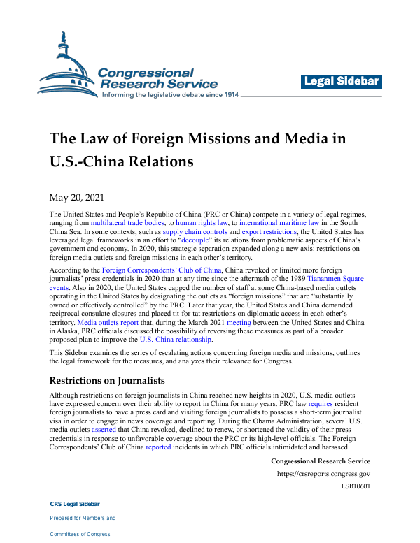 The Law of Foreign Missions and Media in U.S.-China Relations ...