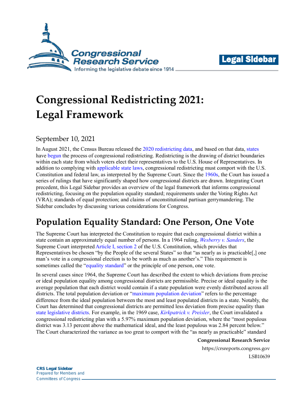 Congressional Redistricting 2021: Legal Framework - EveryCRSReport.com