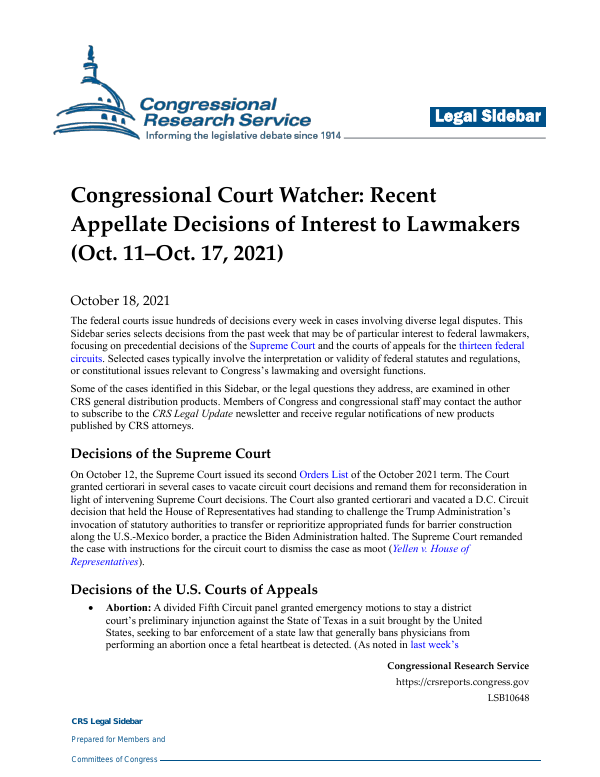 Congressional Court Watcher: Recent Appellate Decisions of Interest to ...