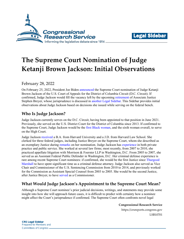 The Supreme Court Nomination of Judge Ketanji Brown Jackson: Initial ...