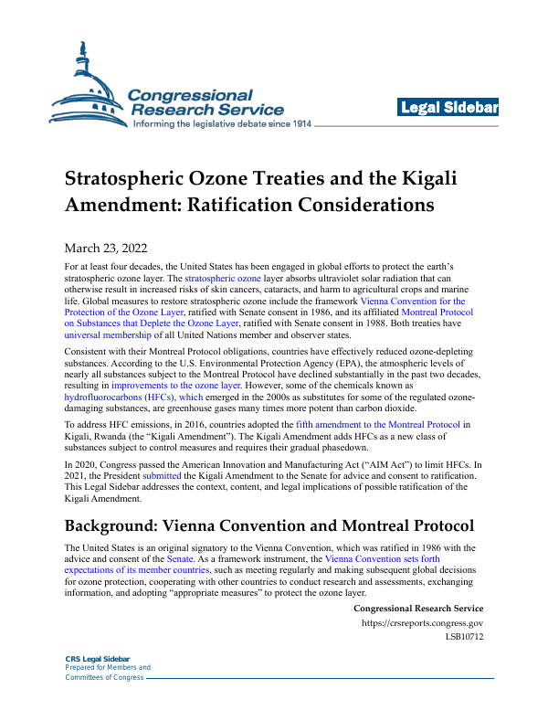 Stratospheric Ozone Treaties and the Kigali Amendment: Ratification ...