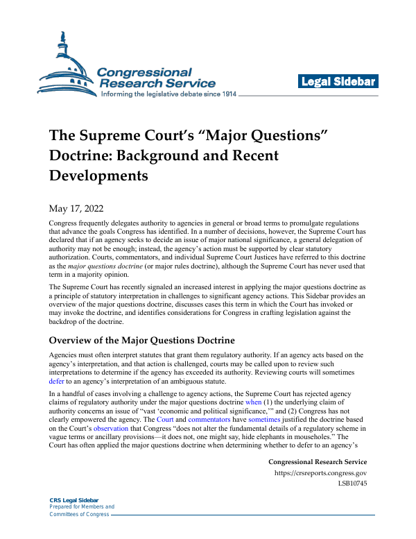 The Supreme Court’s “Major Questions” Doctrine: Background and Recent ...