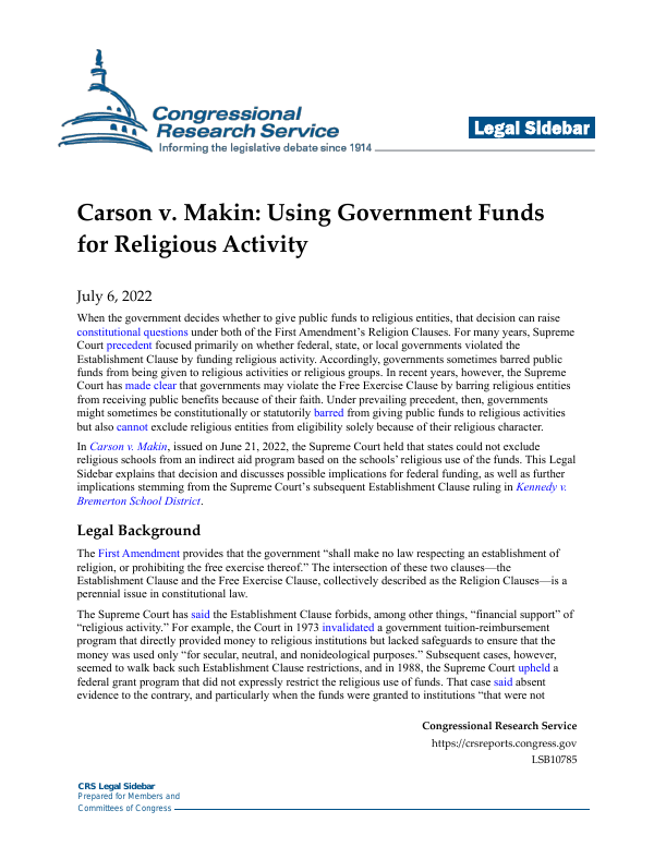 Carson v. Makin: Using Government Funds for Religious Activity ...