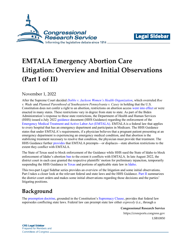 EMTALA Emergency Abortion Care Litigation: Overview and Initial ...