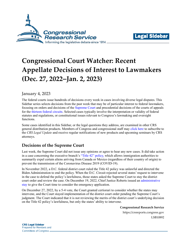 Congressional Court Watcher: Recent Appellate Decisions of Interest to ...