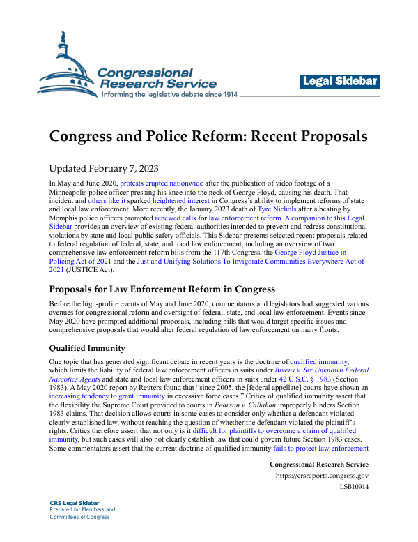 Congress and Police Reform: Recent Proposals - EveryCRSReport.com