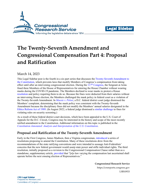 The Twenty-Seventh Amendment and Congressional Compensation Part 4 ...
