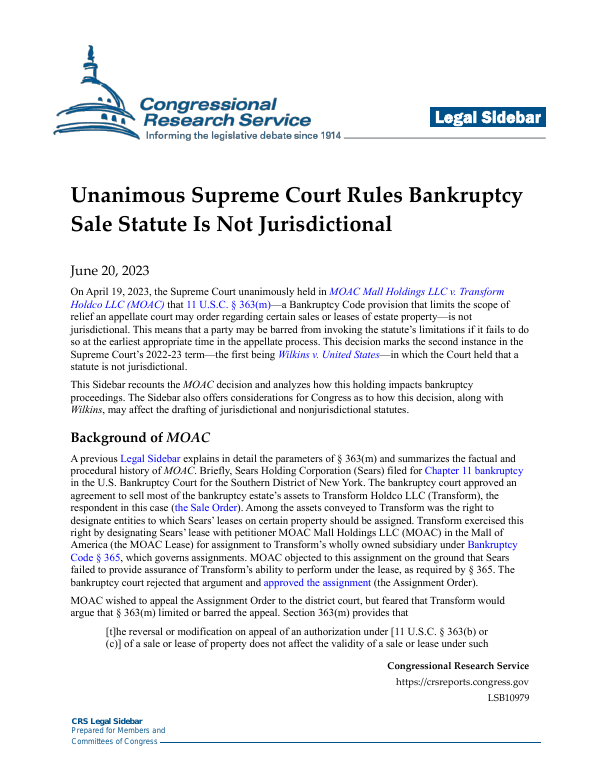 Unanimous Supreme Court Rules Bankruptcy Sale Statute Is Not ...