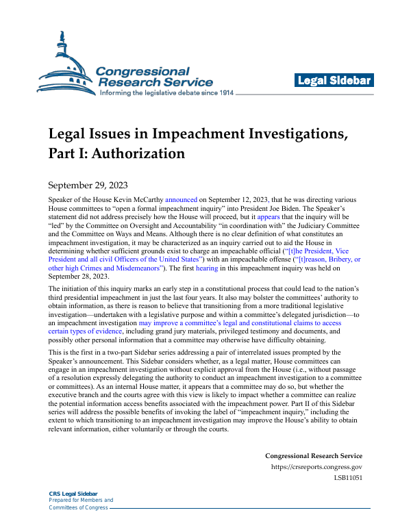 Legal Issues in Impeachment Investigations, Part I: Authorization ...