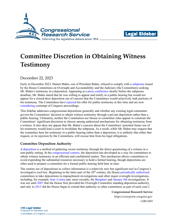 Committee Discretion in Obtaining Witness Testimony - EveryCRSReport.com