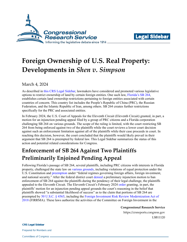 Foreign Ownership of U.S. Real Property: Developments in Shen v ...
